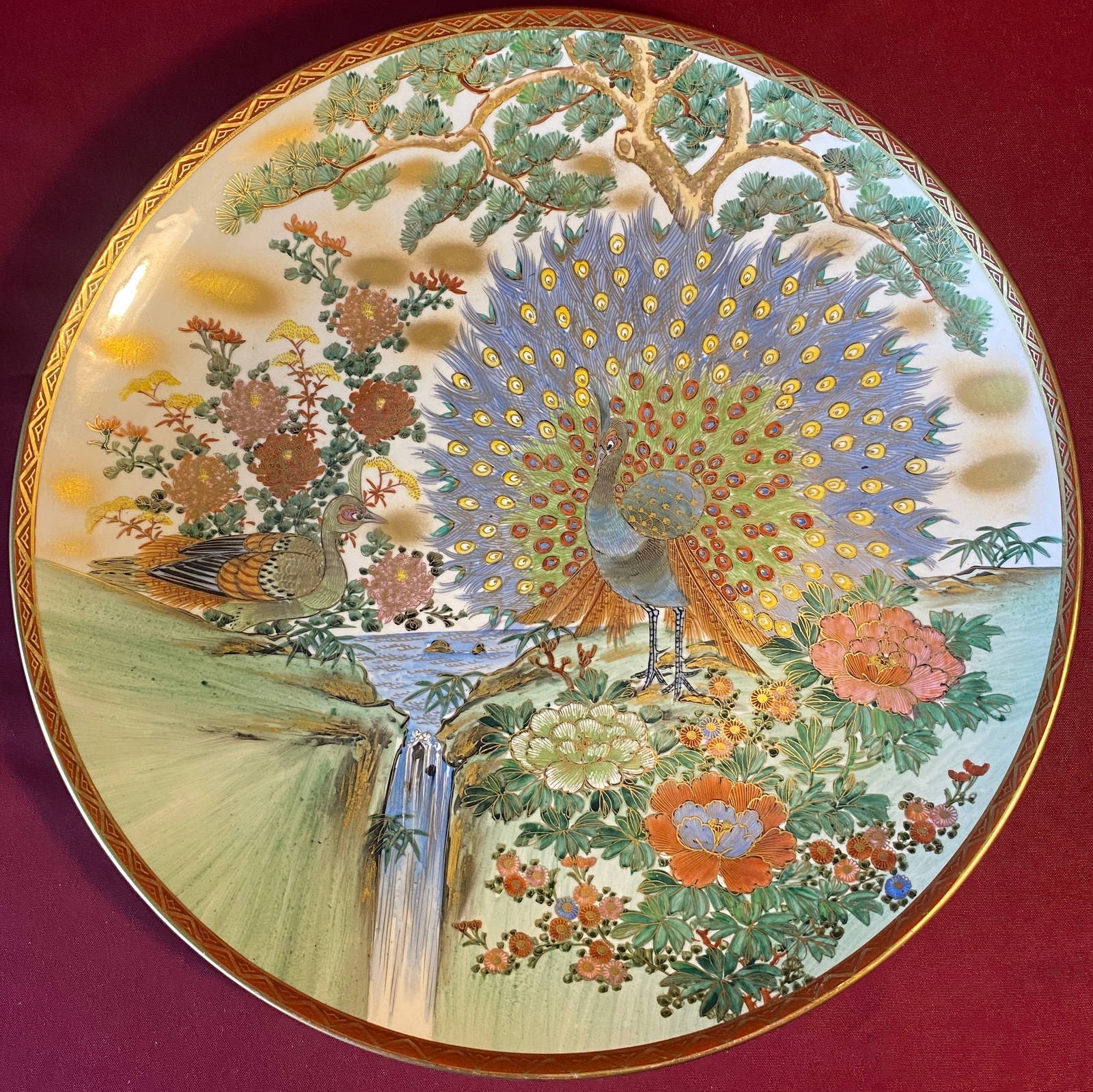 Large 16" Japanese Kutaniware Marked Platter Plate - Peacock Landscape ...