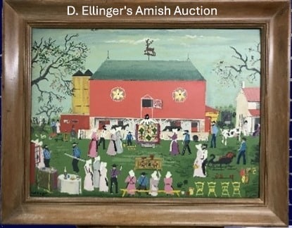 David Y. Ellinger Amish Primitive Painting Of An Amish Auction On Panel ...
