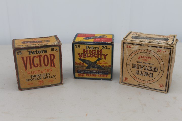 Shotgun shell boxes: Peters Victor 16 gauge; Peters