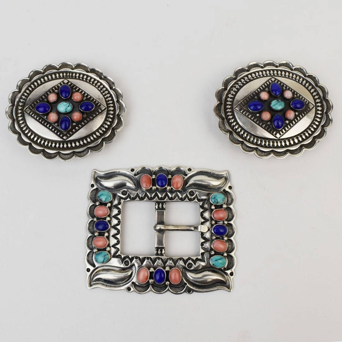 Lot Of 3 Gary Reeves (navajo) Silver And Colored Stone Buckles Auction