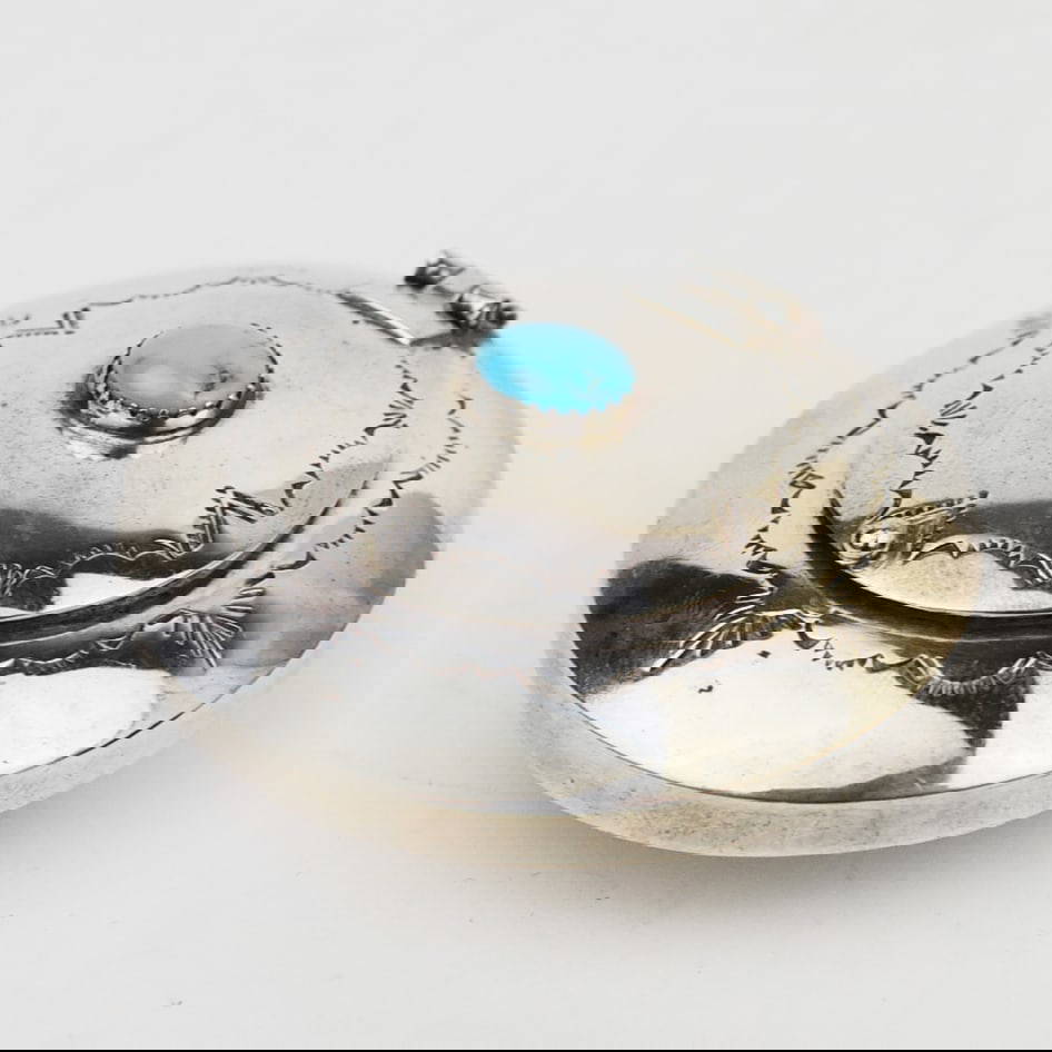 Navajo Cigarette "pill Box" With Lid And Single Turquoise Cabochon Auction