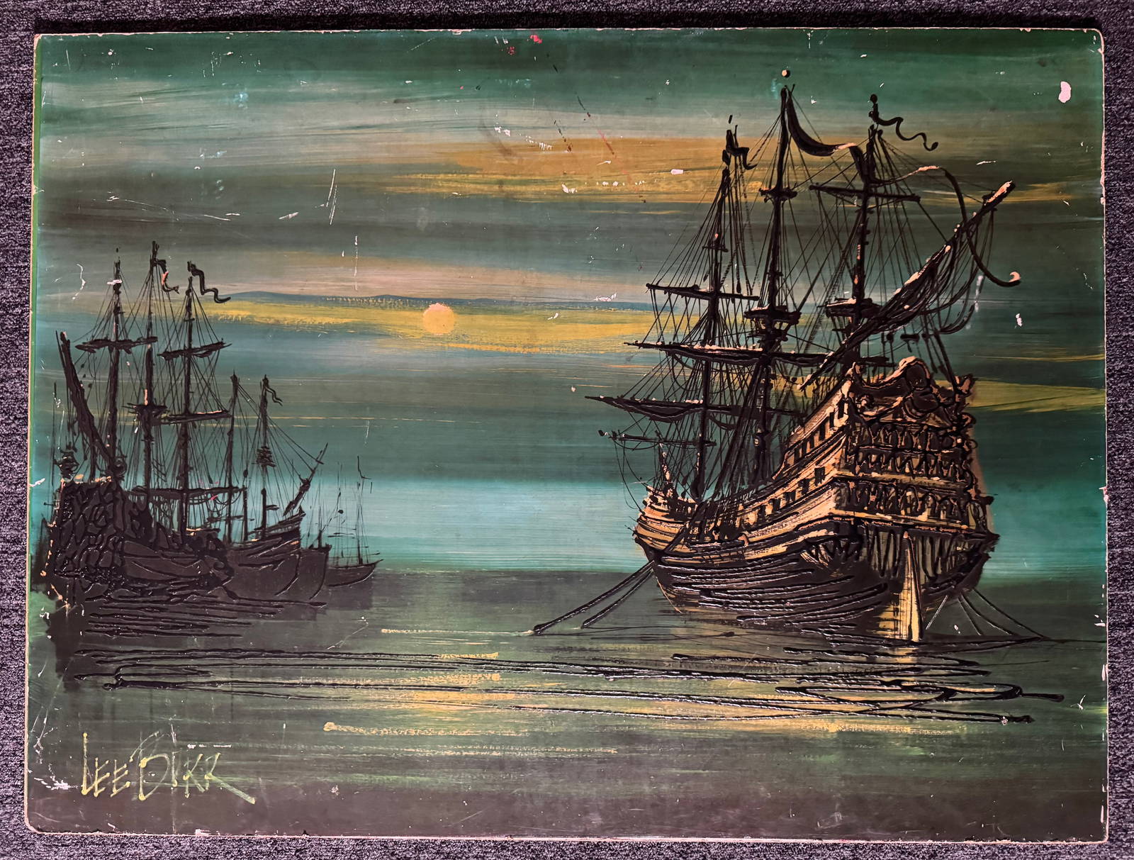 Lee Burr Signed Mid-century Tall Ship Painting On Board – Metallic ...