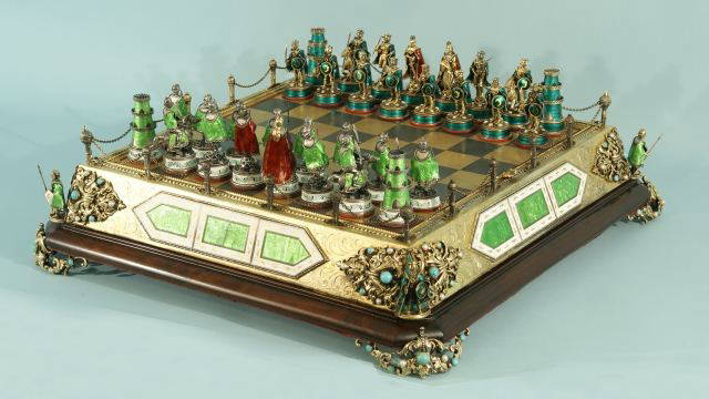 Enamel & Gilded Hungarian Sterling Chess Set
