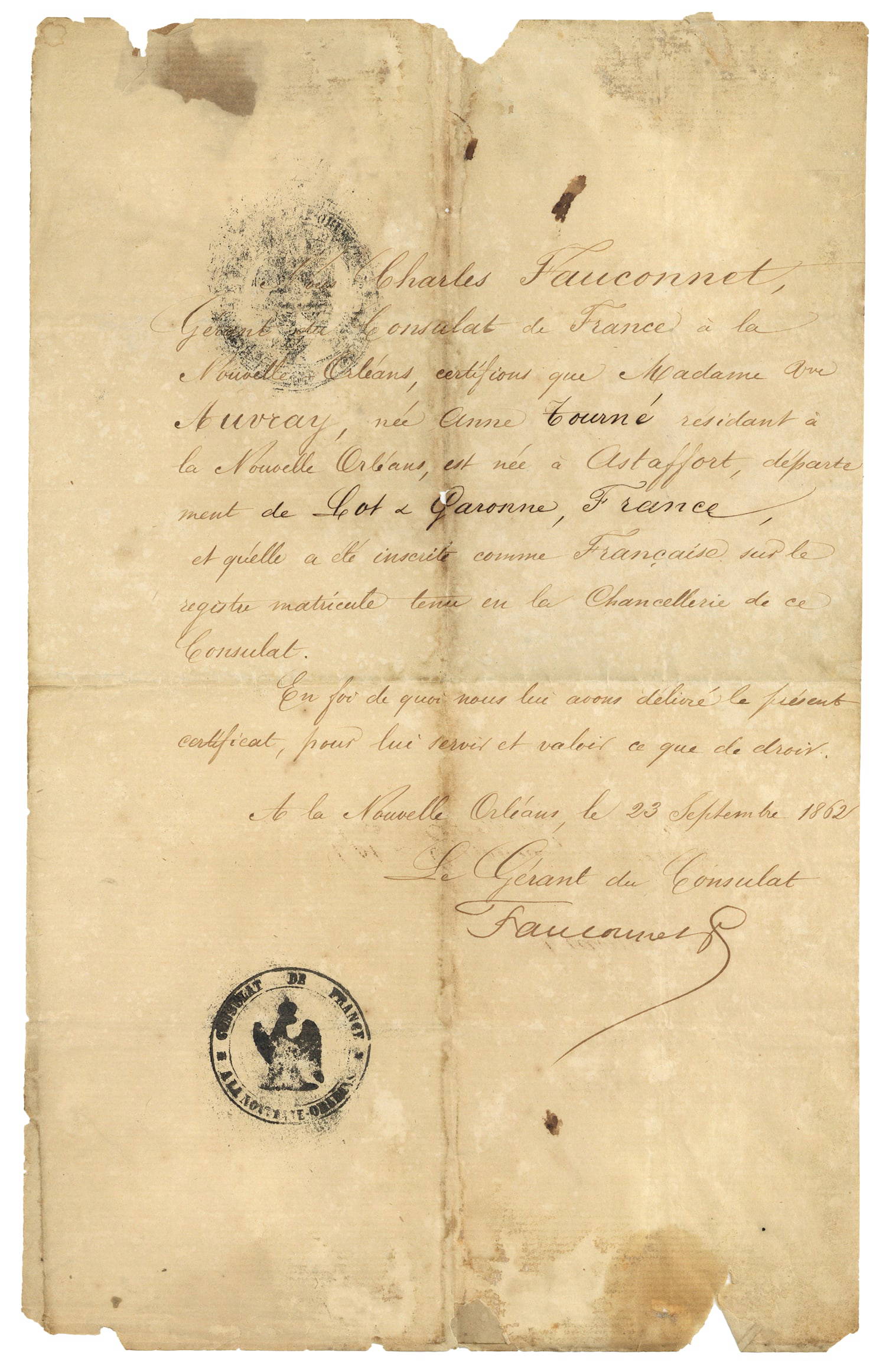 Civil War French Consulate Document From New Orleans 1862 Auction