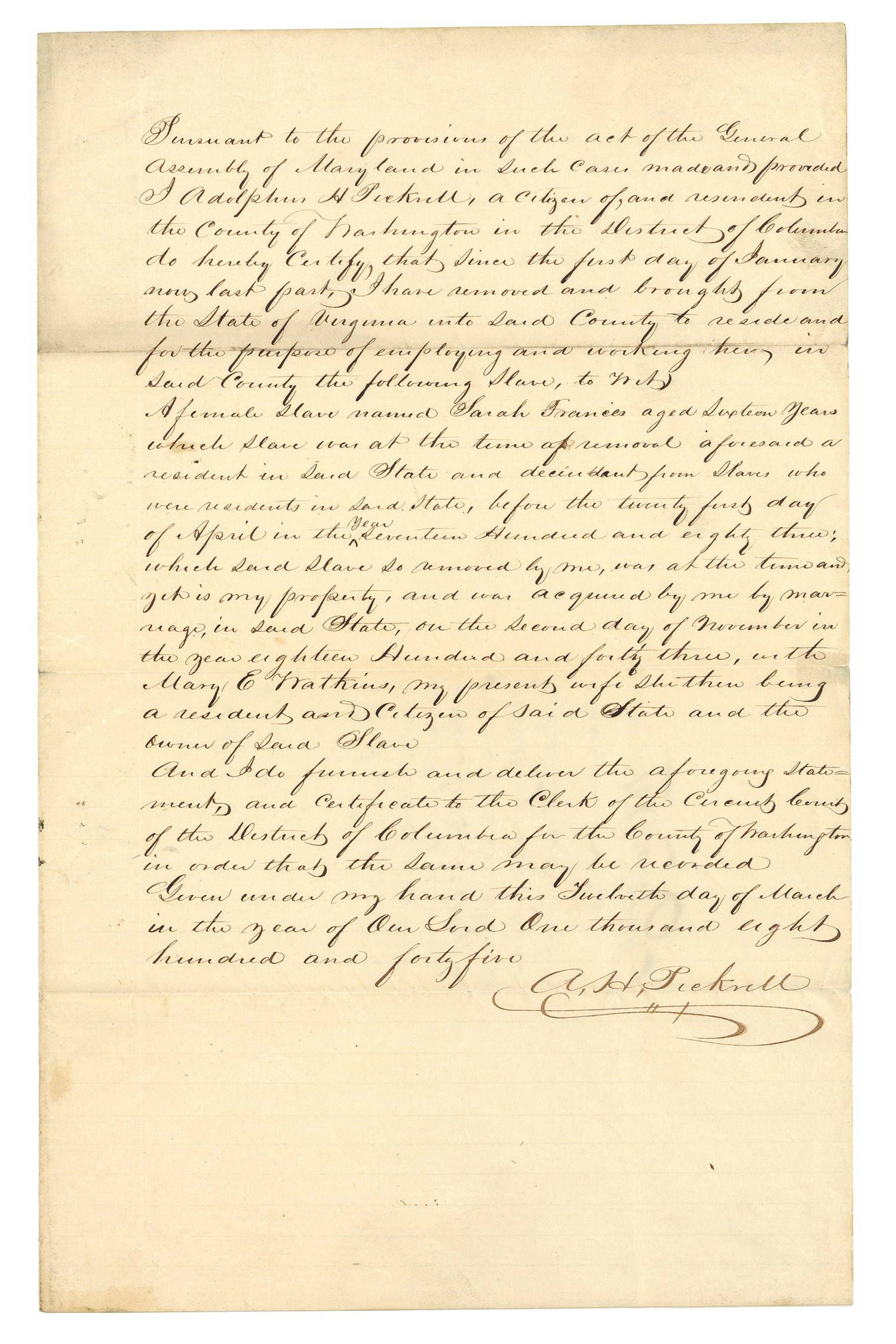 1845 Washington Dc Maryland Slave Importation Document Auction