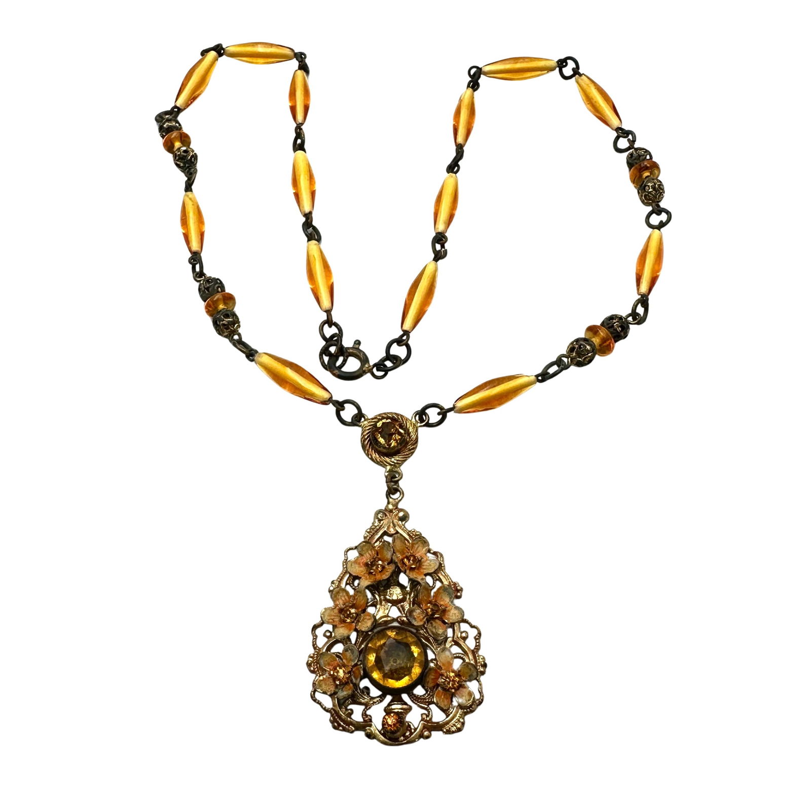 Antique Vintage Amber Czech Glass Pendant Necklace Gold Tone 16 Inch 2 ...