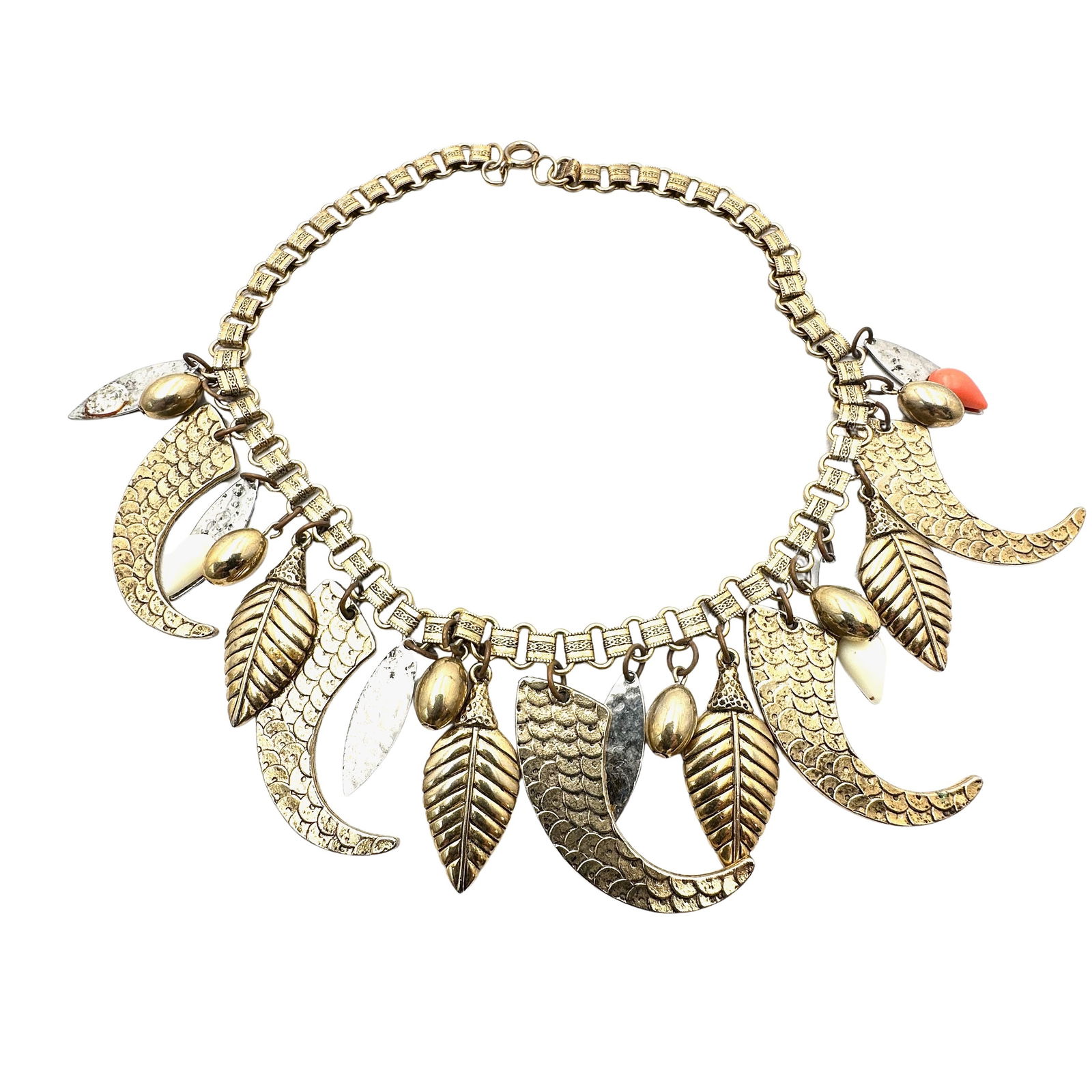 Vintage Book Chain Leaves Charm Necklace Antiqued Gold Tone 16 Inch Auction