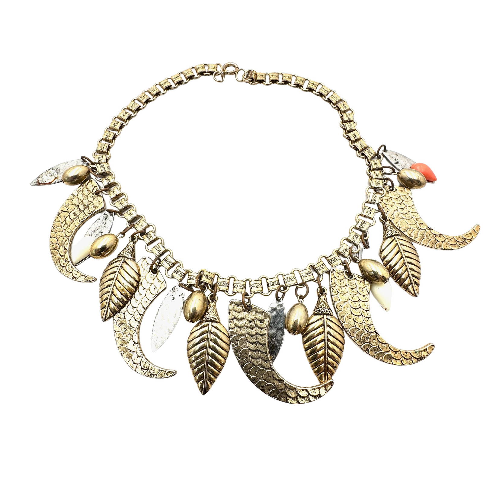 Vintage Book Chain Leaves Charm Necklace Antiqued Gold Tone 16 Inch Auction