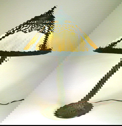 217: Handel Tree Overlay Glass Panel Lamp