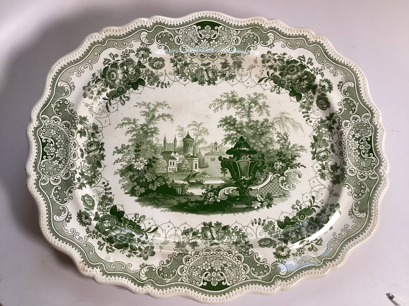 Clews Large English Staffordshire Green Transferware Platter Auction