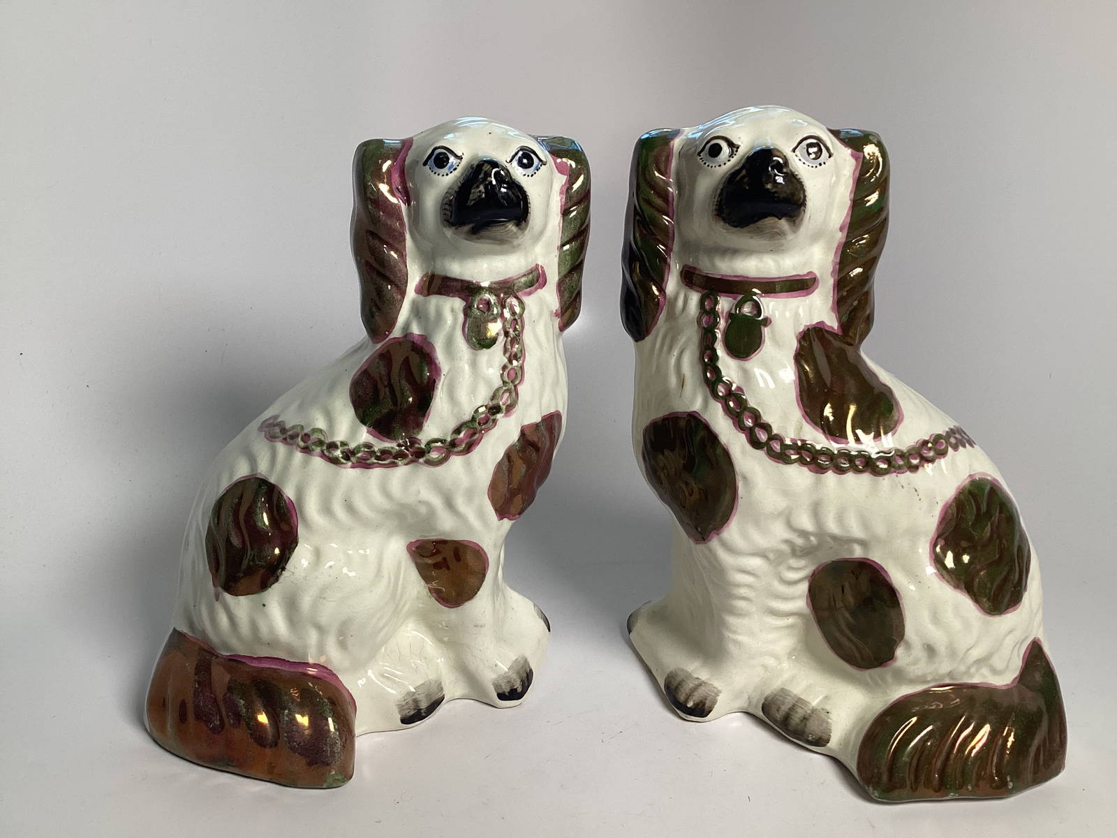 Pair English Staffordshire Copper Luster Spaniel Dog Figures Auction