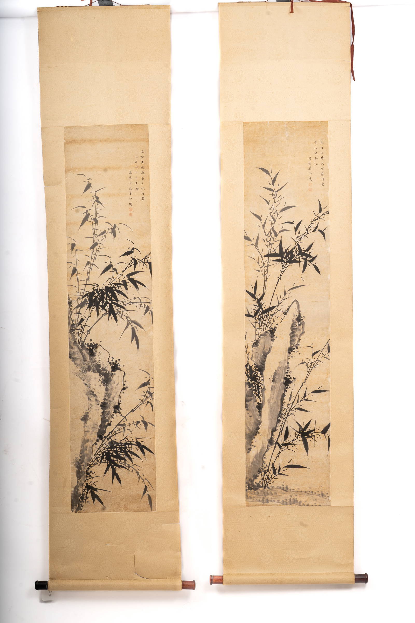 Pair Of Chinese Hanging Scrolls, Ink Bamboo Paintings By Xia Lingyi Auction
