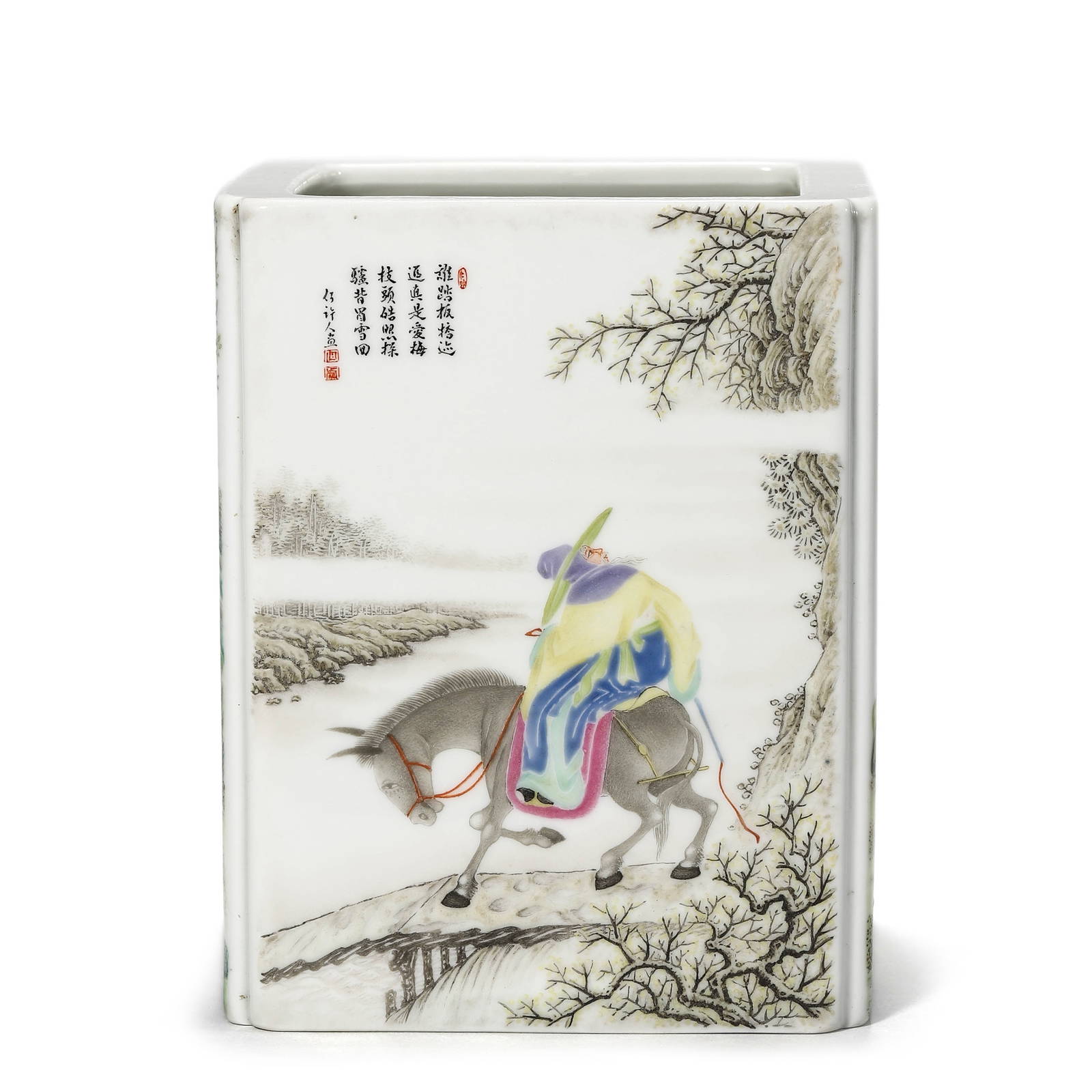 Republic Period, A Chinese Square Famille-rose Brushpot With Figural ...