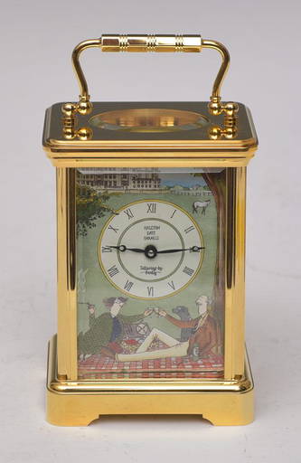English Brass Halcyon Days Enamels Carriage Clock