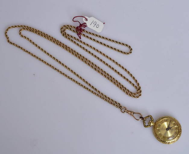 18k Gold Ladies Pocket Watch On 14k Gold Chain