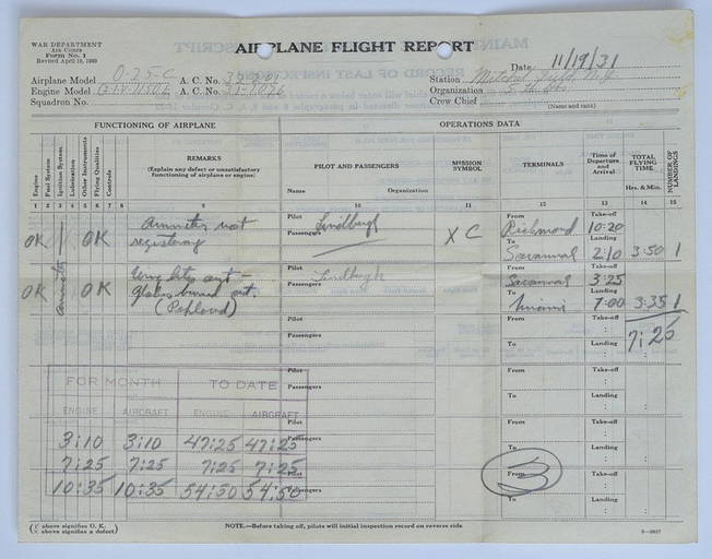 Charles Lindbergh Flight Log