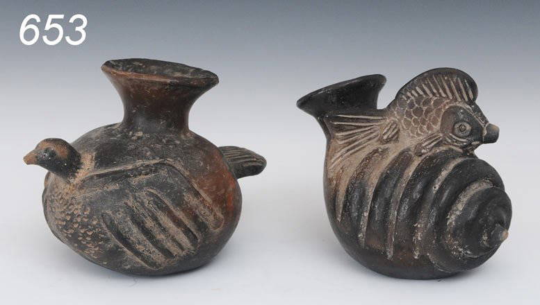 Pair Of Cherokee Effigy Pots Bird And Fish Shippi