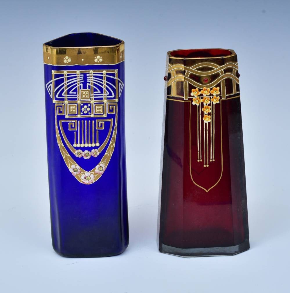 Pair Of Bohemian Art Glass Vases With Enameled Decoration, Attributed ...