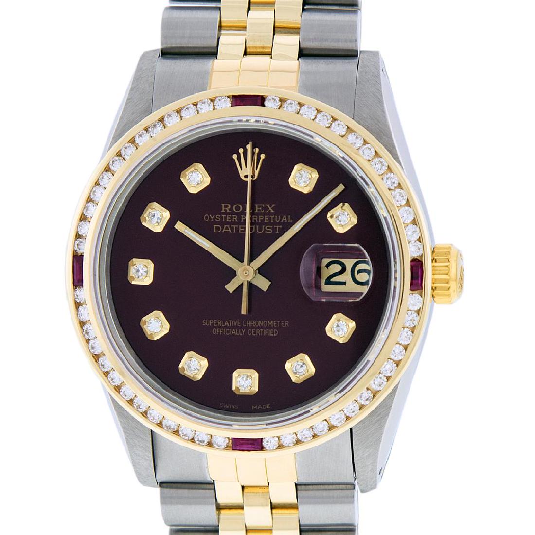 Rolex Mens 2 Tone 14K Maroon & Ruby Channel Set Diamond