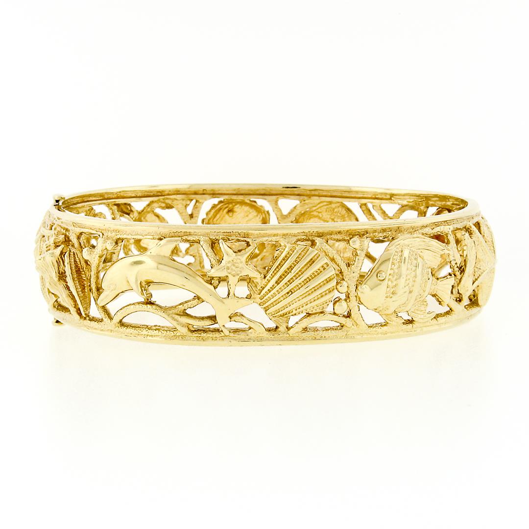 14k Yellow Gold Open Detailed Textured Seashell Nautical Themed Bangle ...