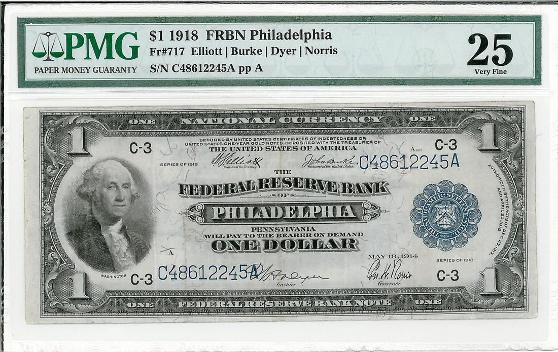 1918 $1 FRBN Federal Reserve Bank Note Philadephia PMG 25 Very Fine ...