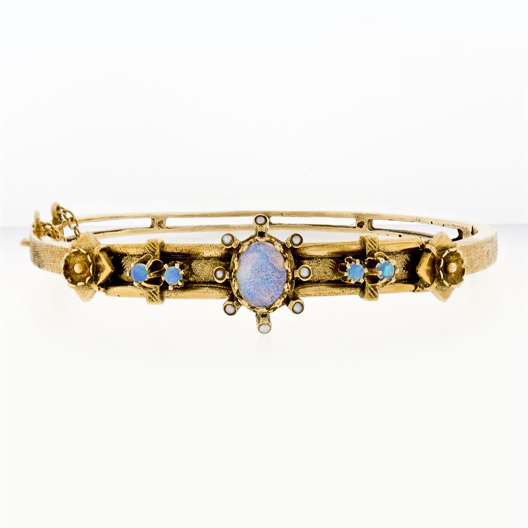Vintage 14k Yellow Gold Opal & Pearl Textured Floral Open Hinged Bangle ...