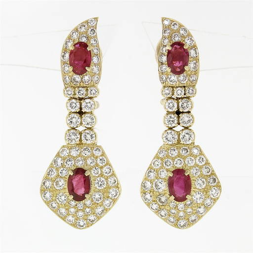 18k Yellow Gold 5.76 Ctw Oval Vivid Red Ruby & Round Pave Diamond Drop Earrings