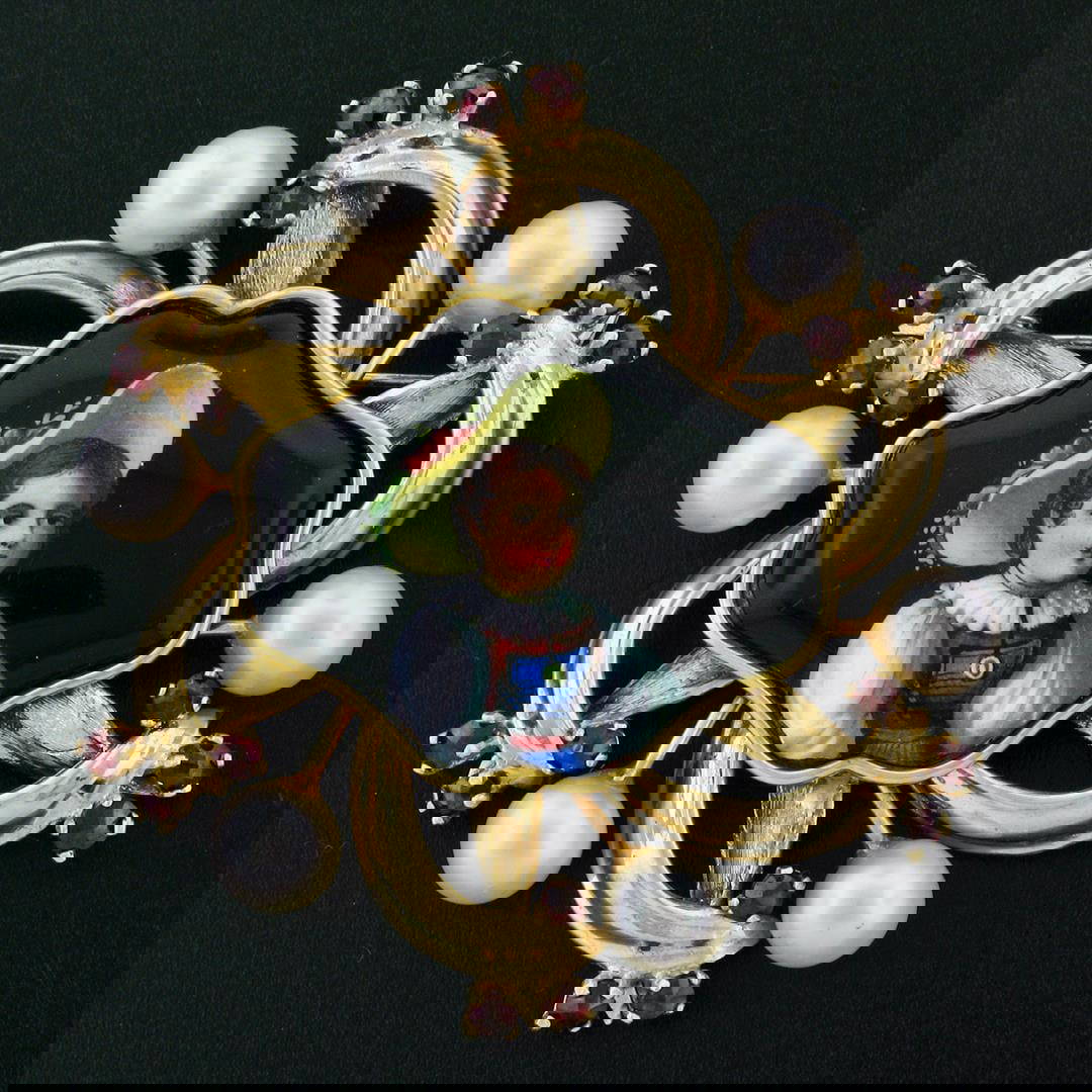 Vintage 14k Gold Hand Painted Portrait, Garnet, & Pearl Open Frame ...