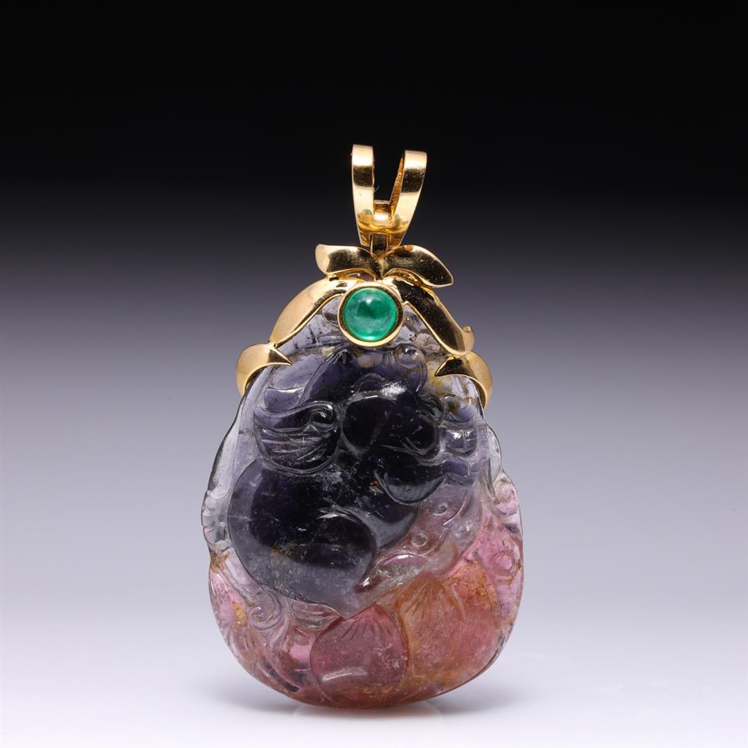 Chinese Carved Bicolor Tourmaline Pendant With 18k Yellow Gold ...