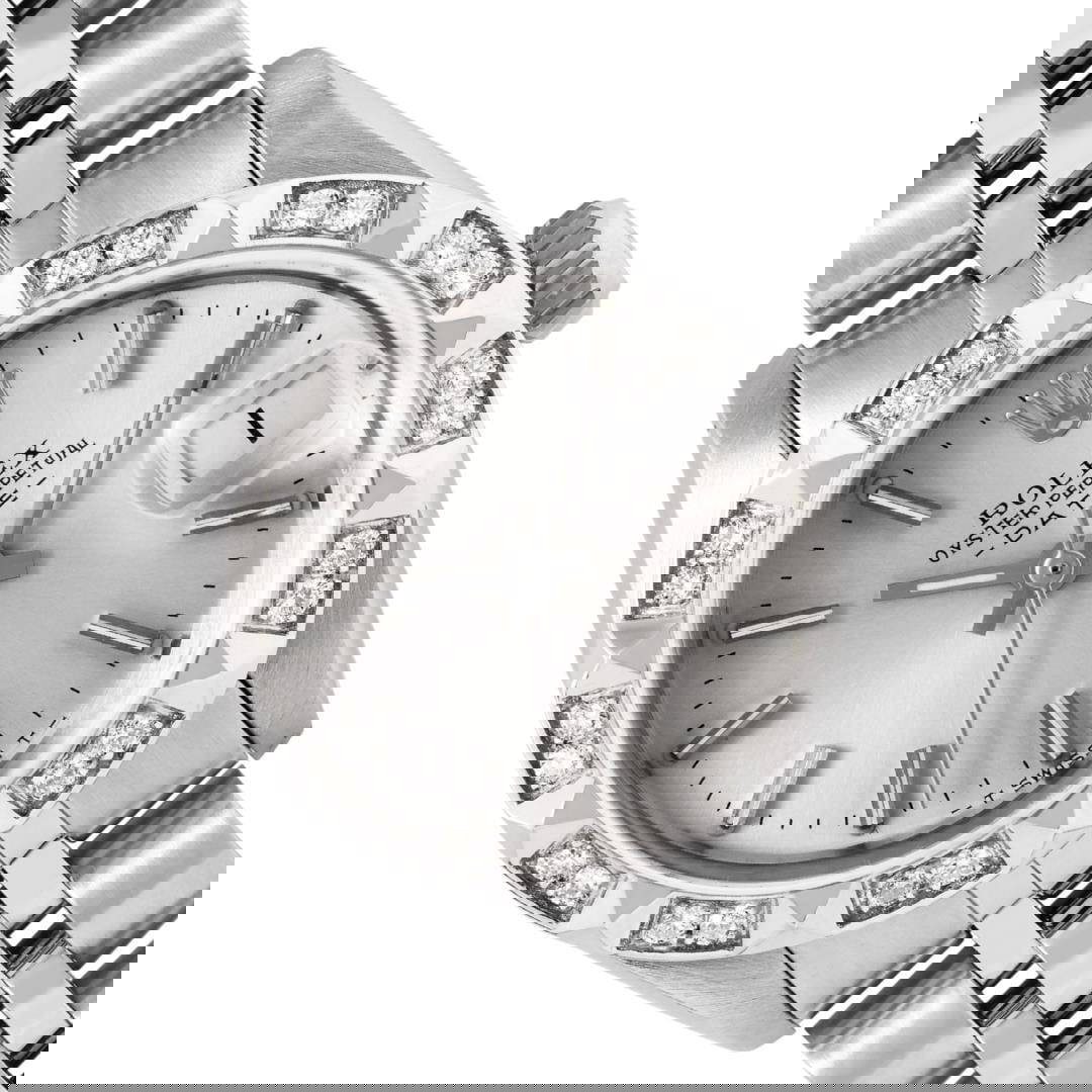 Rolex Ladies Stainless Steel Silver Index Pyramid Diamond Bezel Date ...