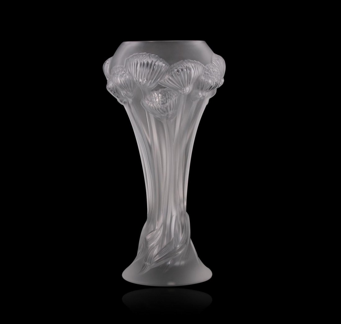 Nib $3,200 Lalique Crystal Vase 14" Button Rose 21lbs