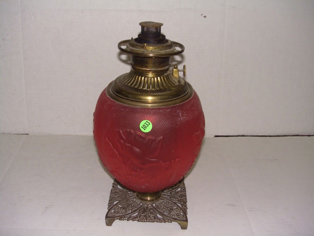 Antique Oil Lamp Base With Raised Flowers