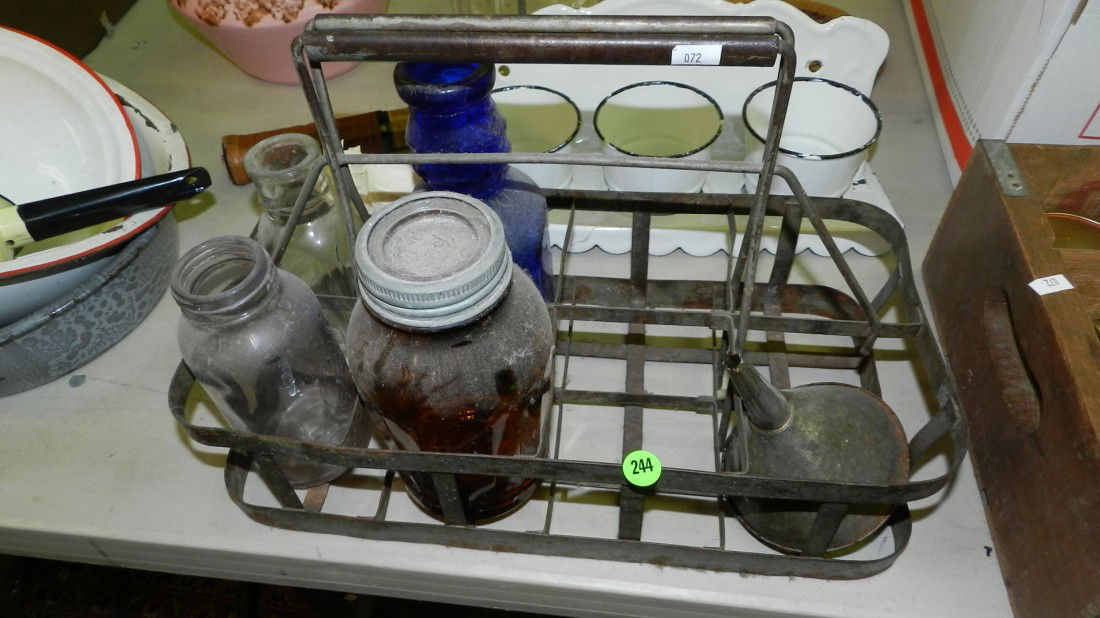 Vintage Milk Rack With Odd Jars Ect