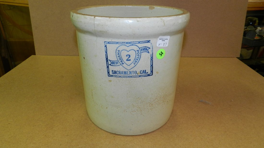87) 2 Gallon Primitive Crock By Panama Pottery,