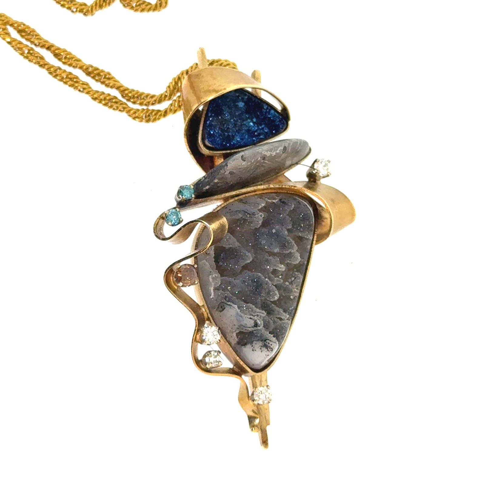 14k Gold Diamond Sapphire Druzy Quartz Meteor Modernist Pendant Pin And ...
