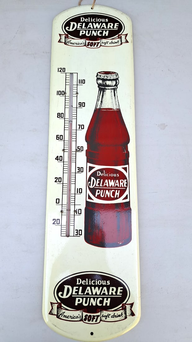Vintage Delaware Punch Metal Thermometer Sign Red 26" Soft Drink ...