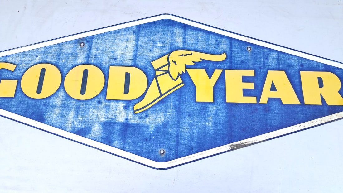 Vintage Goodyear Sign Blue Yellow Winged Shoe Logo Retro Advertising ...