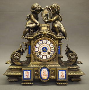French Ph Mourey Gilt Metal Figural Mantle Clock