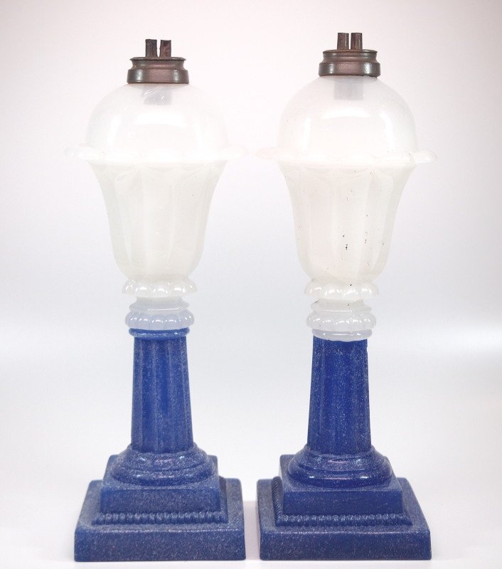 Pressed Tulip And Column Oil/fluid Lamps, Pair